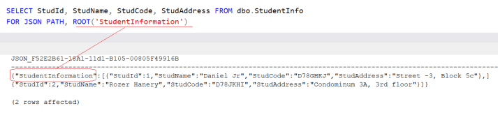 Sql Server For Json Clause Sql Bi Tutorials